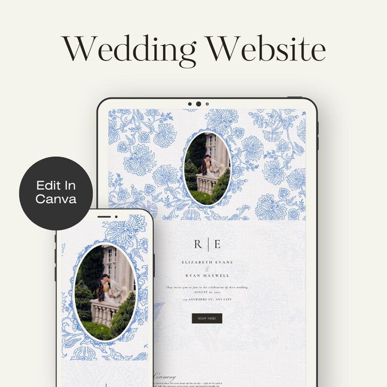 Blue Toile Wedding Website Template, Modern Canva Design (digital ...