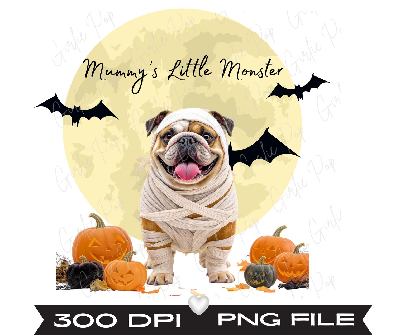 Halloween Bulldog PNG: Mummy's Little Monster, Dog Sublimation Design ...