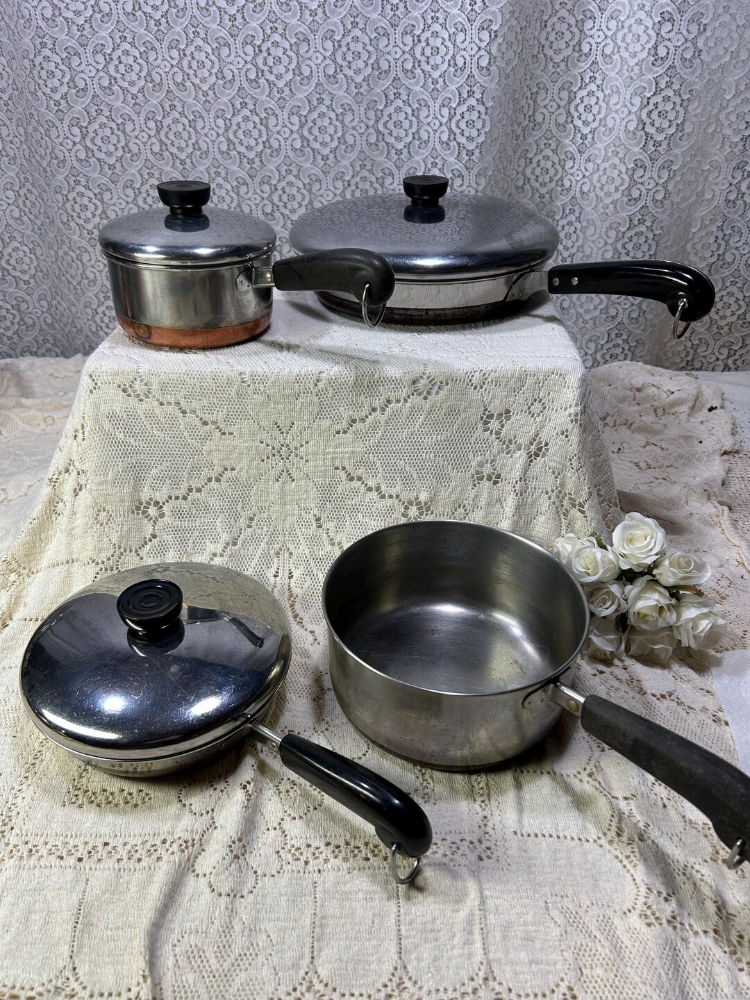 Vintage Revere Ware Set, Copper Bottom Pots and Pans / Covered Pot, 2 ...
