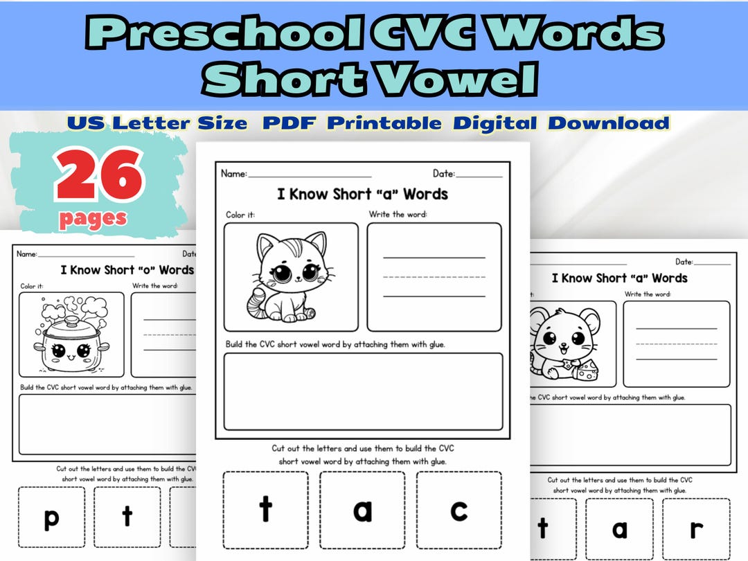 Preschool CVC Words Pack, 26 Pages of Short Vowel Reading Practice ...