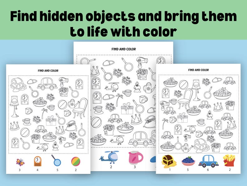 Find and Color for Kids | 10 Hidden Object Coloring Pages | Printable ...