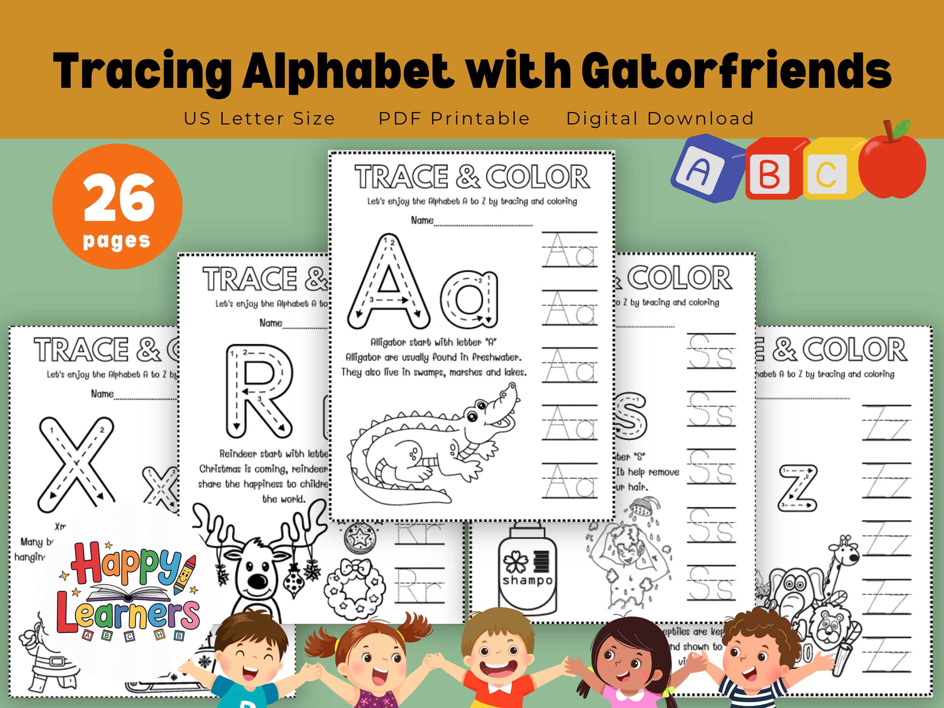 Printable ABC Worksheets for Kids, Gator-themed Tracing & Coloring, 26 ...
