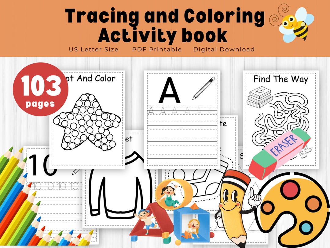 103 Page Tracing & Coloring Book for Preschool | Alphabet, Shapes ...