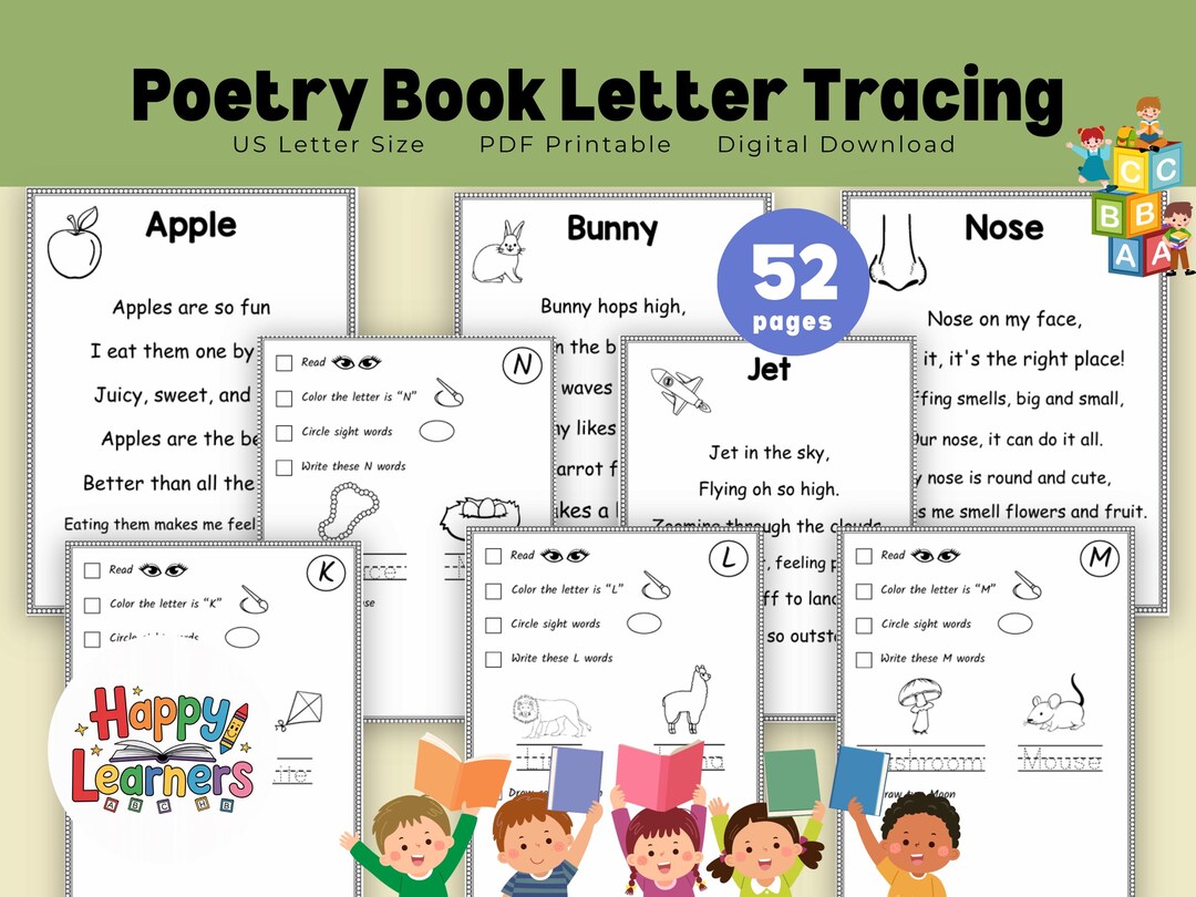 Printable Alphabet Poems & Tracing, 52 Pages, A to Z Rhymes With ...