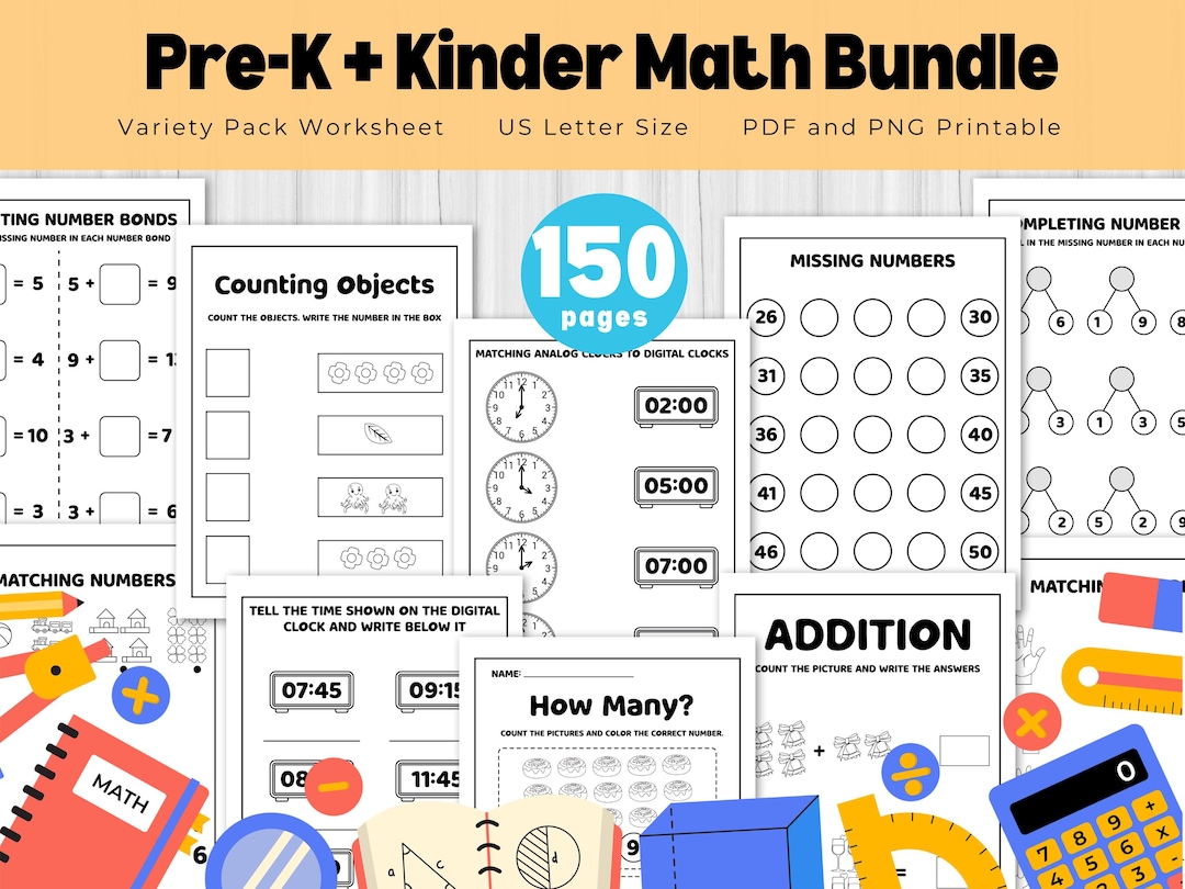 150 Pre-k & Kindergarten Math Worksheet Bundle – Printable PDF ...