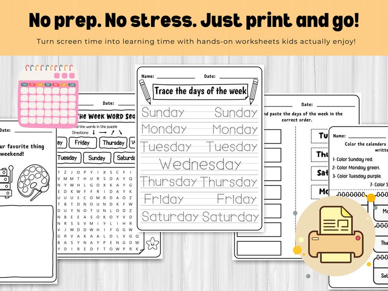 Days of the Week Worksheet, PDF Printable Handwriting Practice Activity ...