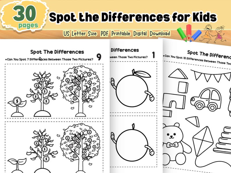 Kids’ Spot the Differences Puzzle Book, Printable 30 Pages Pdf of Brain ...