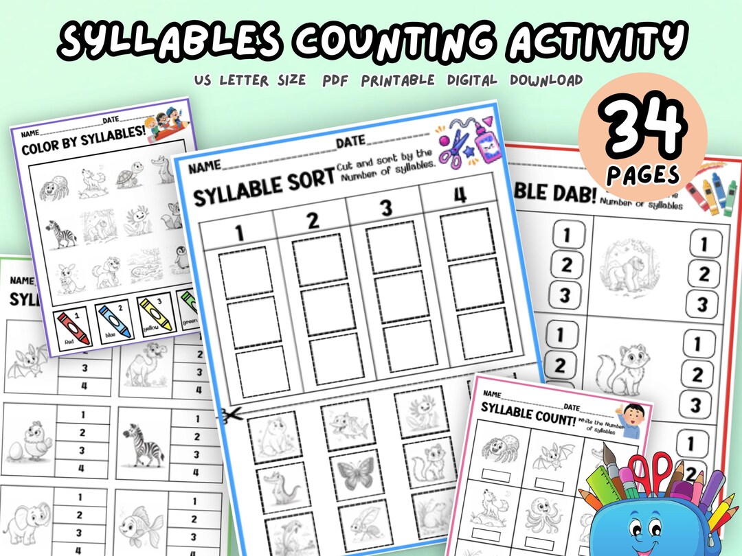 Syllable Count and Clap Worksheets, 34 Printable Phonics Activities for ...
