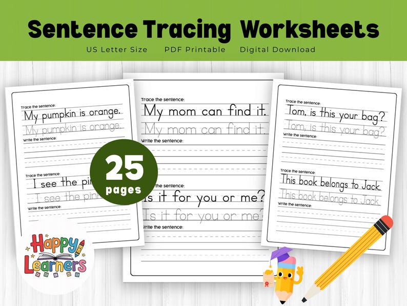 Sentence Tracing Worksheets for Kids | 25 Pages | Printable Handwriting ...