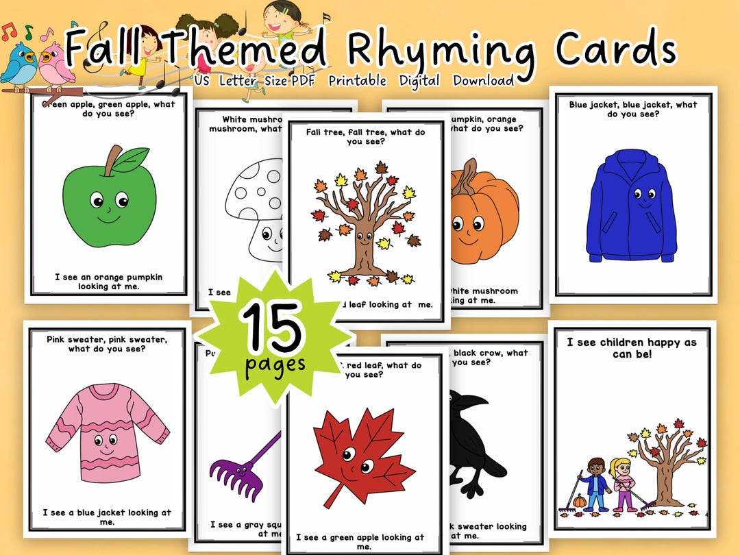 Fall Rhyming Cards for Kids, 15 Pages of Autumn Word Matching and ...