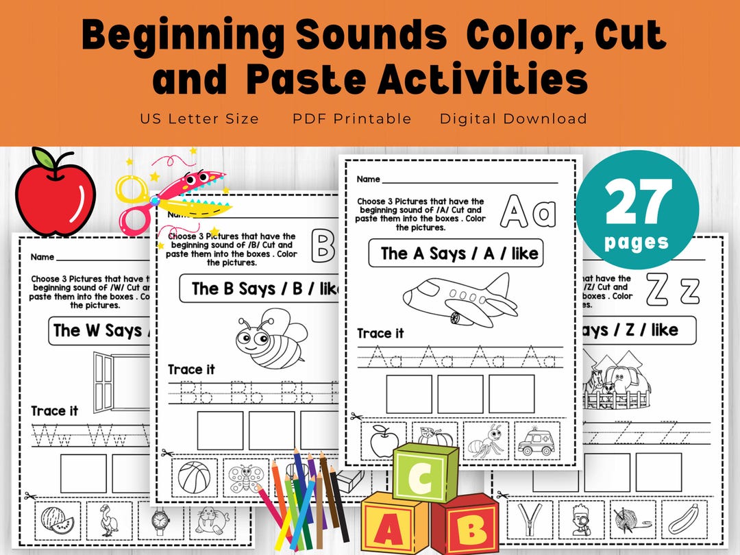 27 Pages Beginning Sounds Cut and Paste | A–Z Alphabet Phonics ...