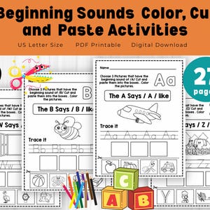 27 Pages Beginning Sounds Cut and Paste | A–Z Alphabet Phonics ...