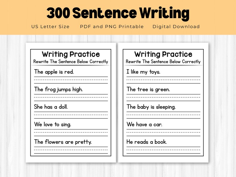 300 Sentence Writing Practice Pages for Kids, Printable Write the ...