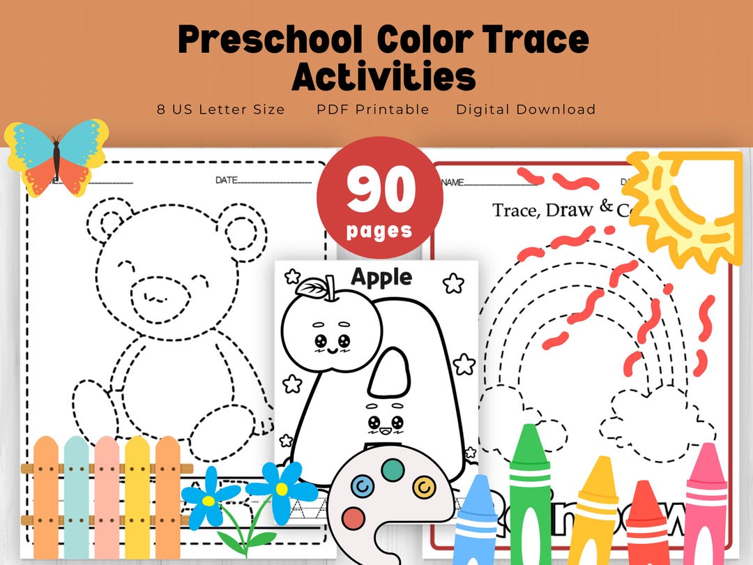 Preschool Color and Trace Worksheets | 90 Pages | Alphabet, Numbers ...