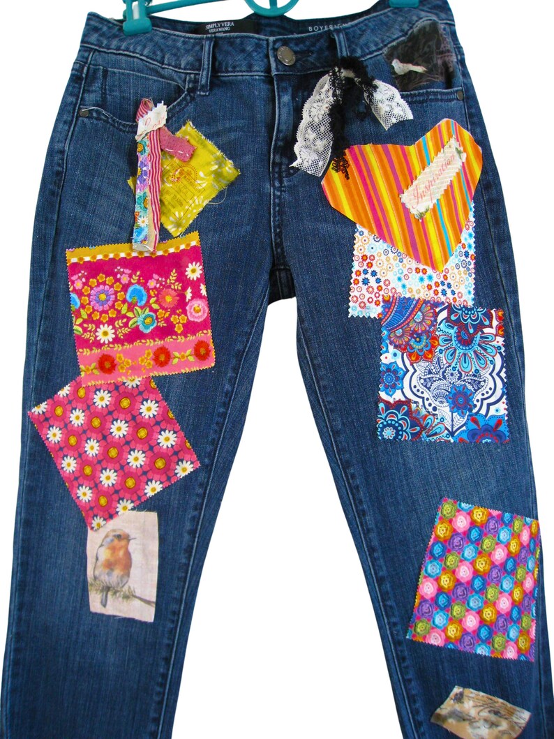 One of a Kind Bohemian Patchwork Denim Capris, Upcycled Jeans, Hippie ...