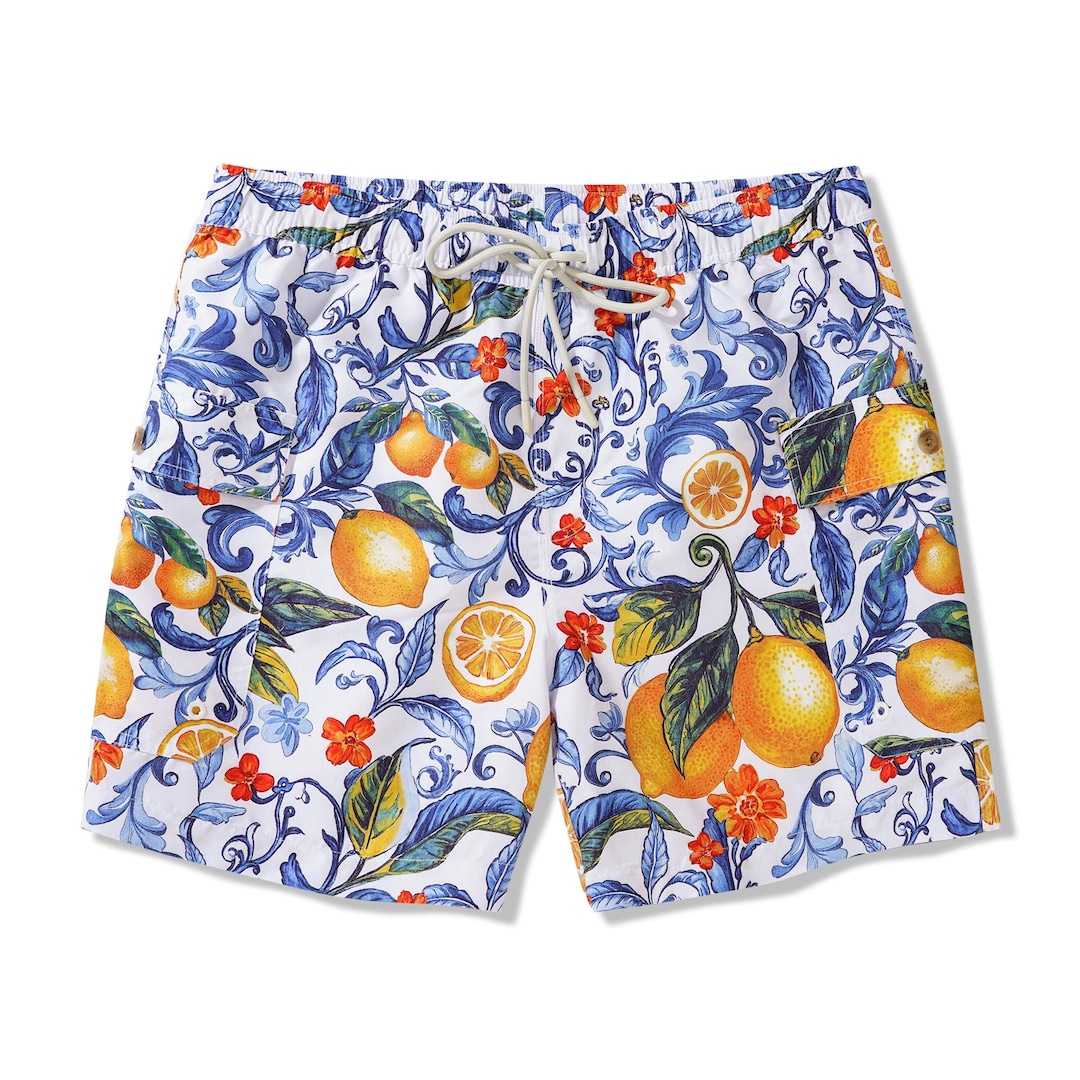 Men's Sicilian Lemon Print Swim Shorts: Quick Dry Recycled Polyester, 6 ...