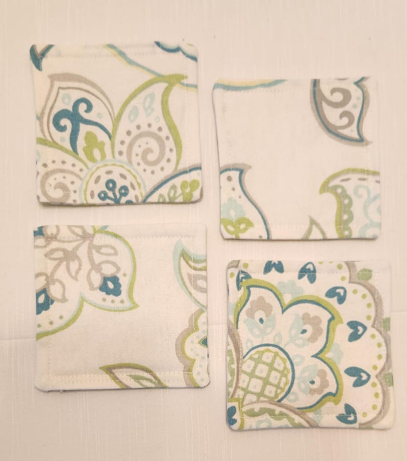 Fabric Drink Coasters - Set of 4 - Lime Green and Aqua Floral - Crazy ...