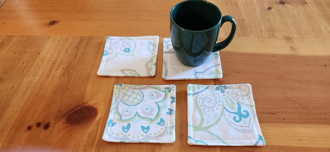 Fabric Drink Coasters - Set of 4 - Lime Green and Aqua Floral - Crazy ...