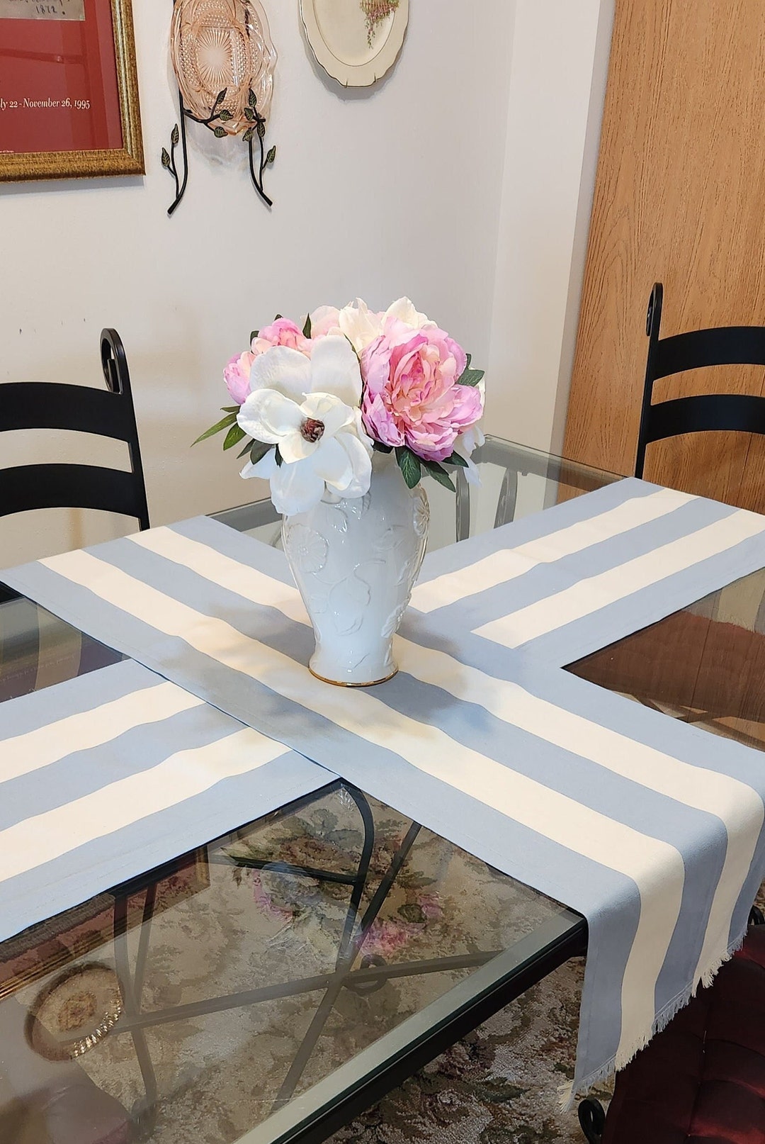 Table Runners W/fringe - Blue and Cream Stripes - Shabby Coastal ...