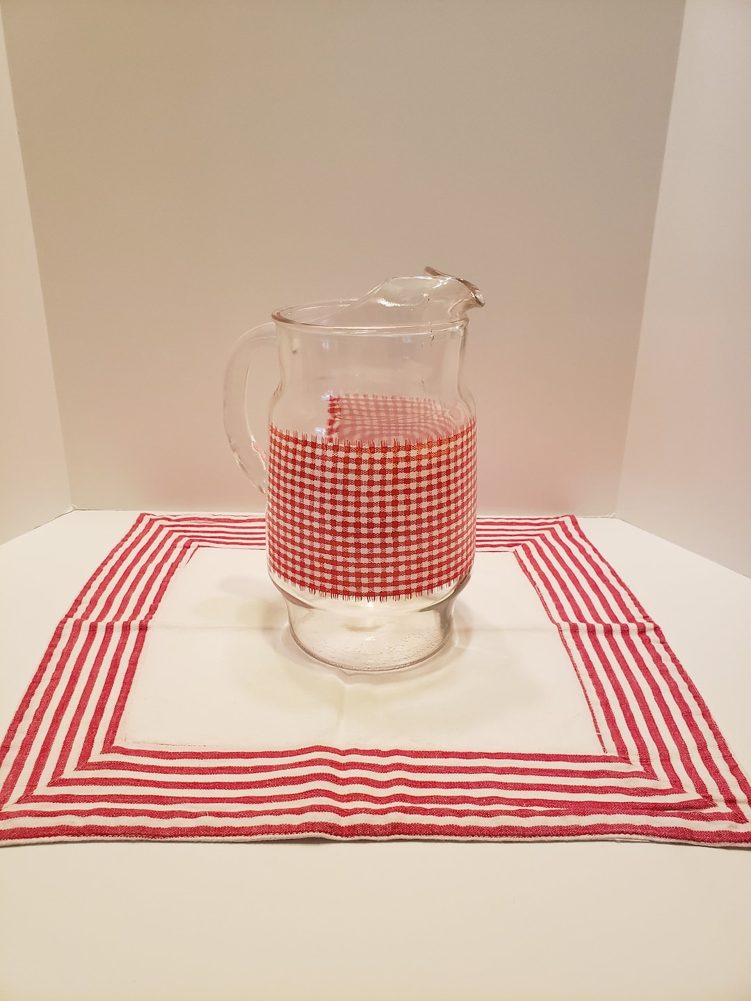 Mid-century Glass Pitcher With Red and White Check Tablecloth Design ...