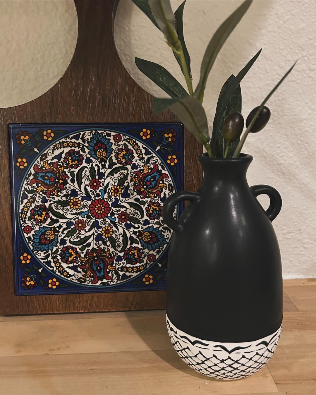 6”x3” Small Ceramic Black Vase With Faux Olive Leaf & Hand-painted ...