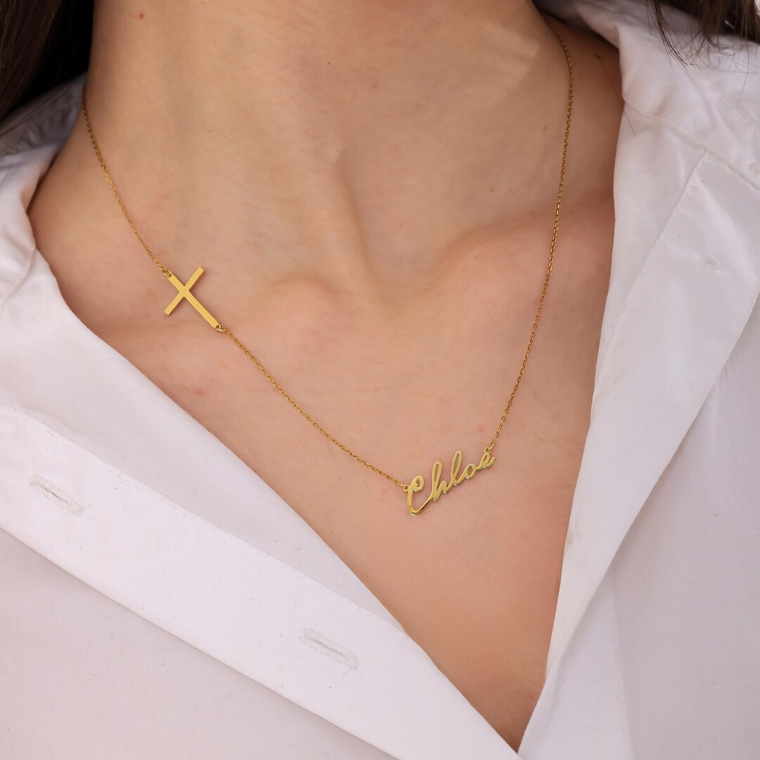 Custom Cross Necklace With Name Sideways Cross Name Necklace Tiny Gold ...