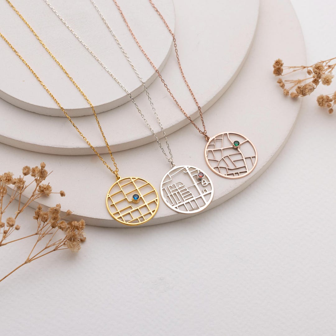 Silver Map Necklace With Birthstone, Where We Met Necklace, Coordinate ...