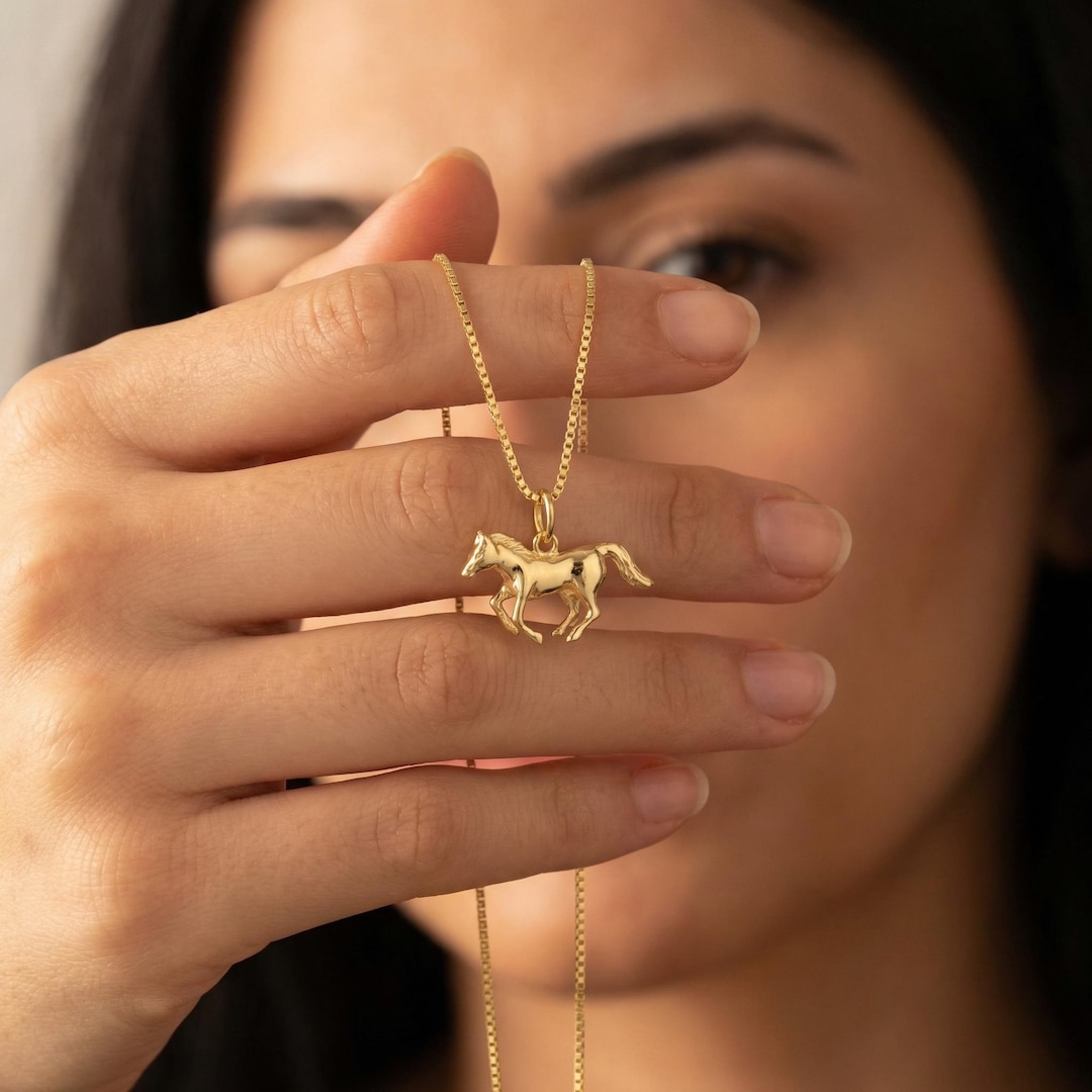 14K Gold Running Horse Necklace, Dainty Fire Horse Necklace, Tiny Horse ...