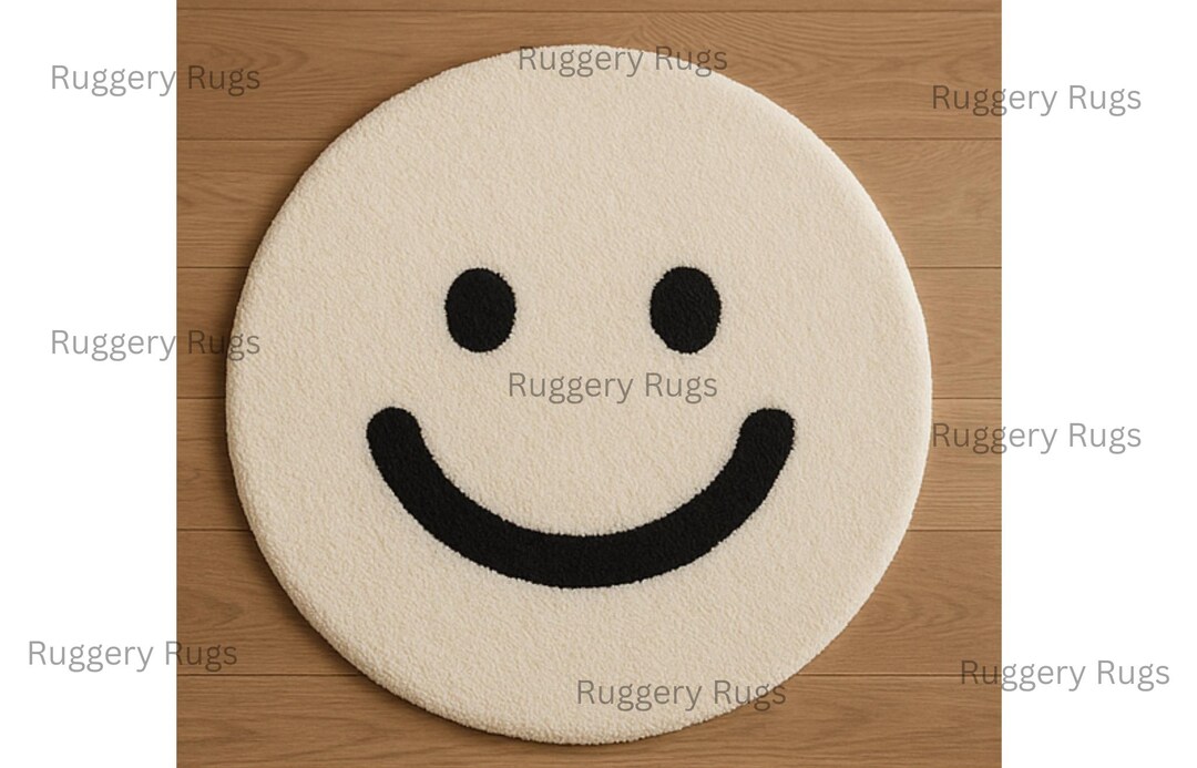 Round Smiley Face Rug – Modern Tufted White and Black Carpet – Handmade ...