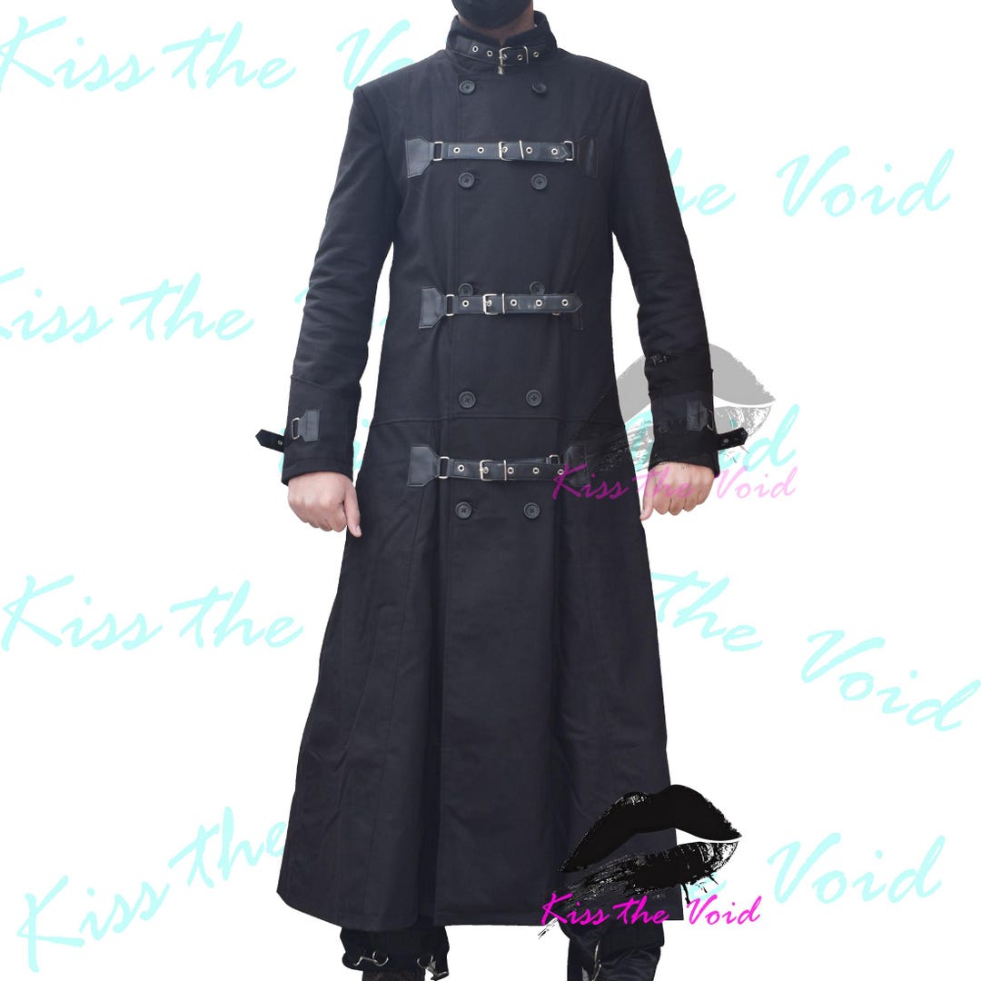 Men's Gothic Long Trench Coat | Black Military Style Asylum Coat ...