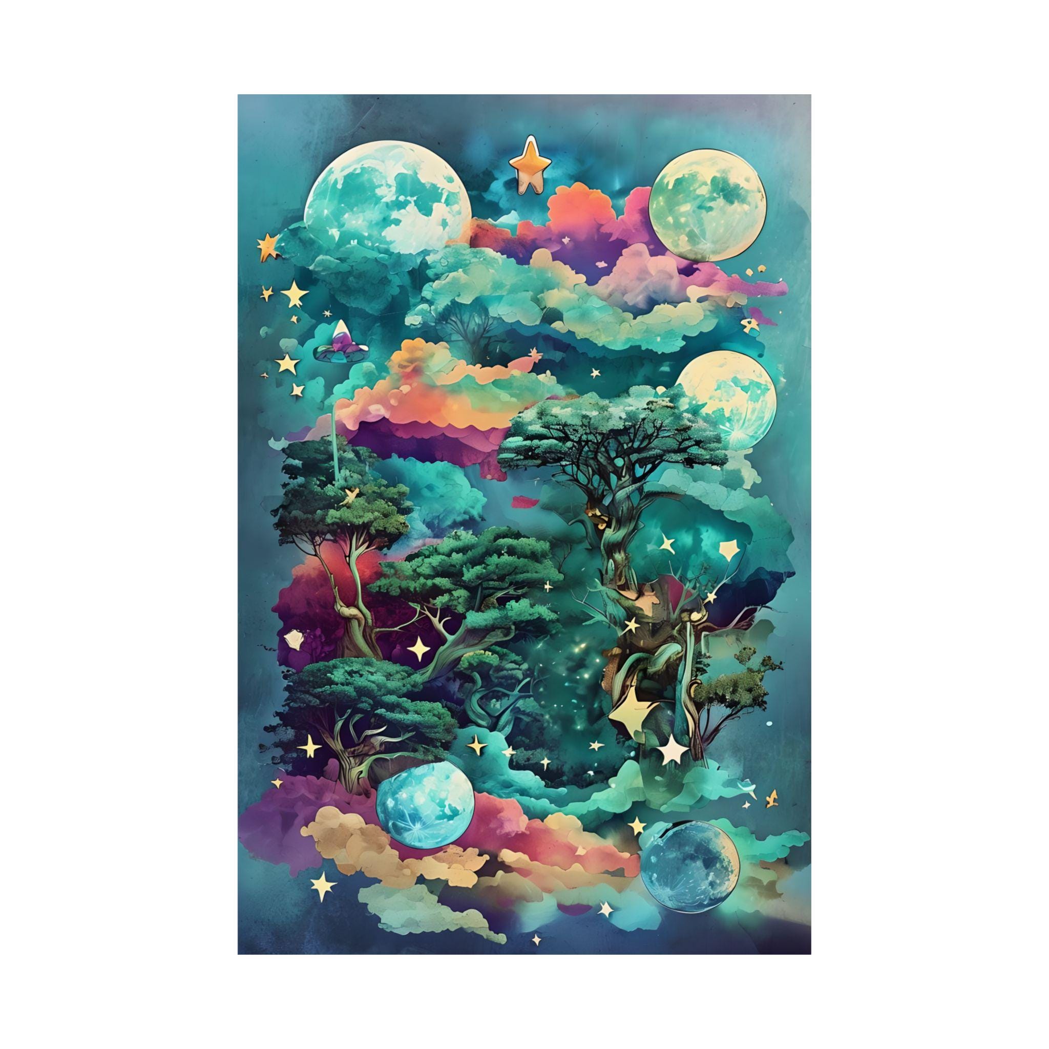 Celestial Forest Moon Wall Art - Vertical Posters, Dreamy Watercolour ...
