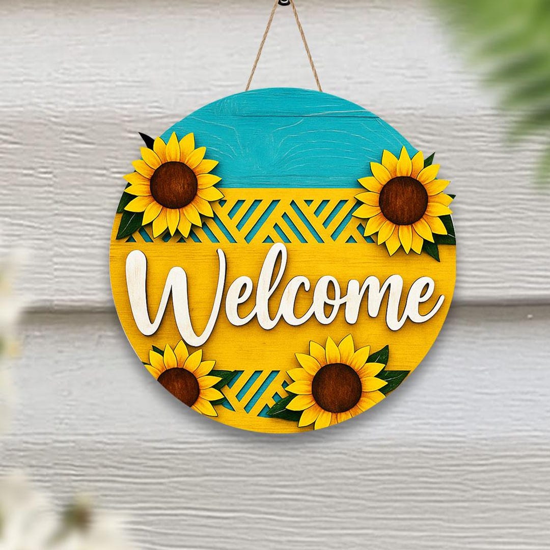 Sunflower Welcome Door Hanger – Bright Round Wood Sign With Yellow ...