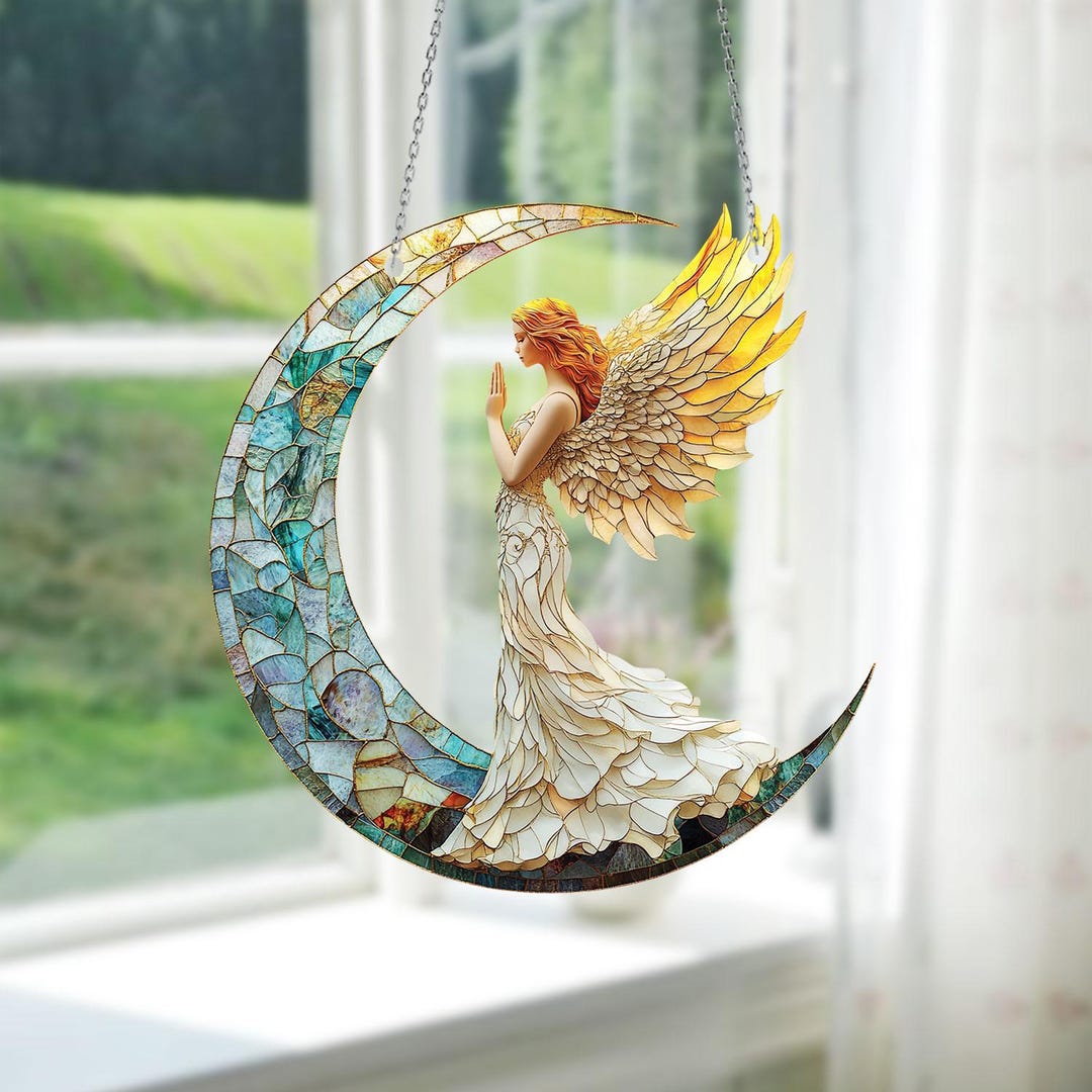 Angel on Crescent Moon Window Hanging, Celestial Guardian Decor ...