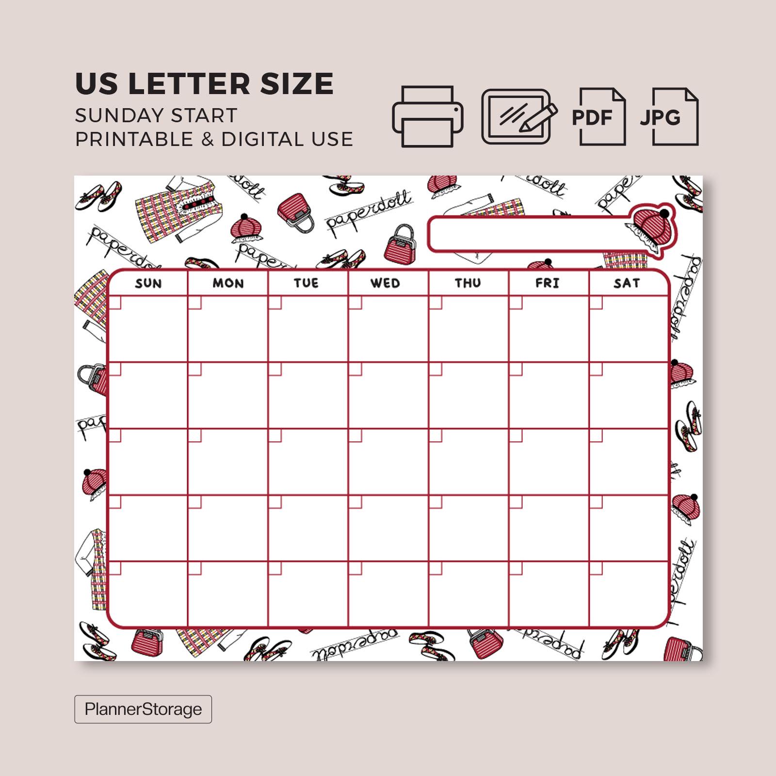 White | Blank Kawaii Paper Dolls Tartan Plaid Dress Monthly Printable & Digital Calendar Planner ...