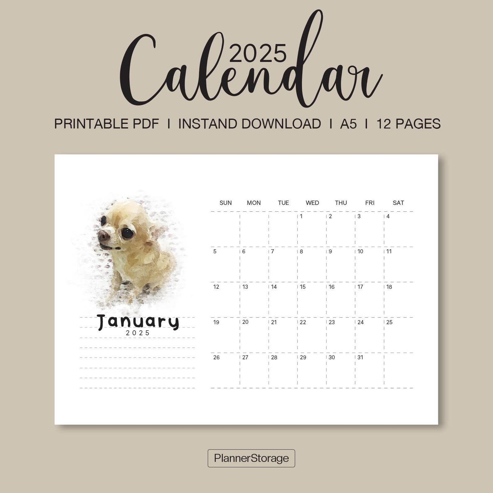 Printable Monthly Calendar 2025 With Cute Dog Pet Animal Lover in ...