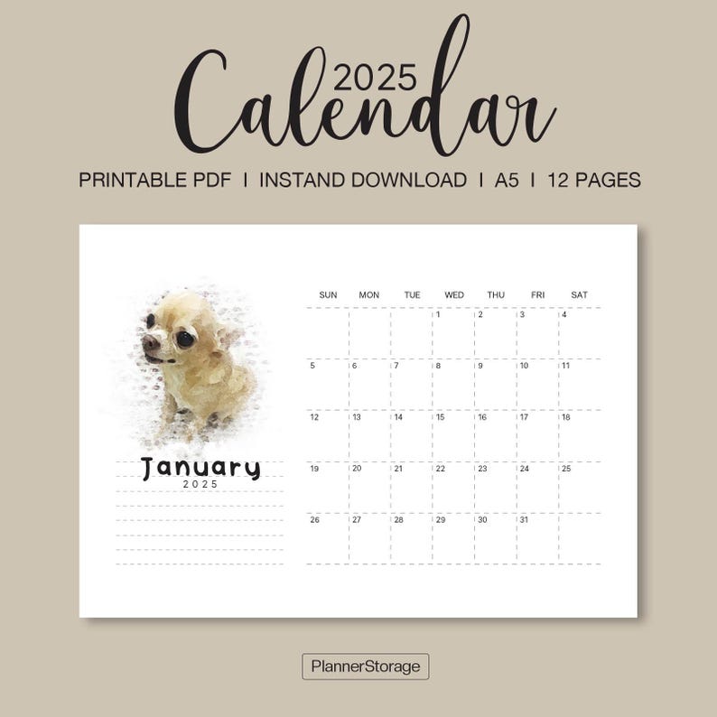 Printable Monthly Calendar 2025 With Cute Dog Pet Animal Lover in ...