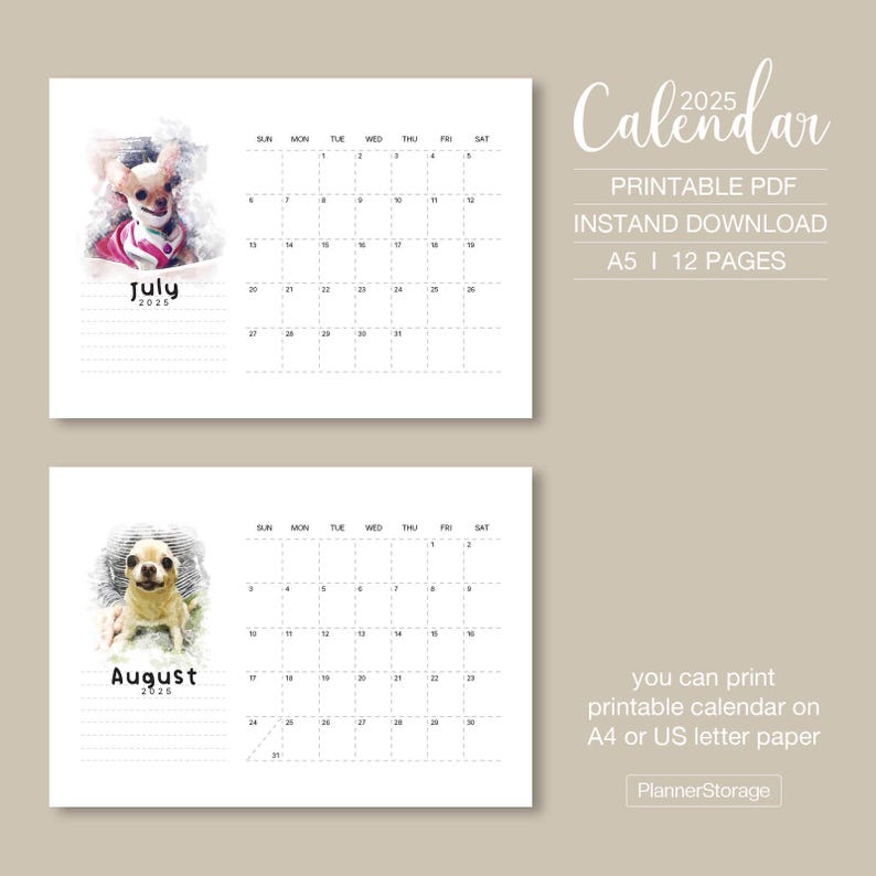 Printable Monthly Calendar 2025 With Cute Dog Pet Animal Lover in ...