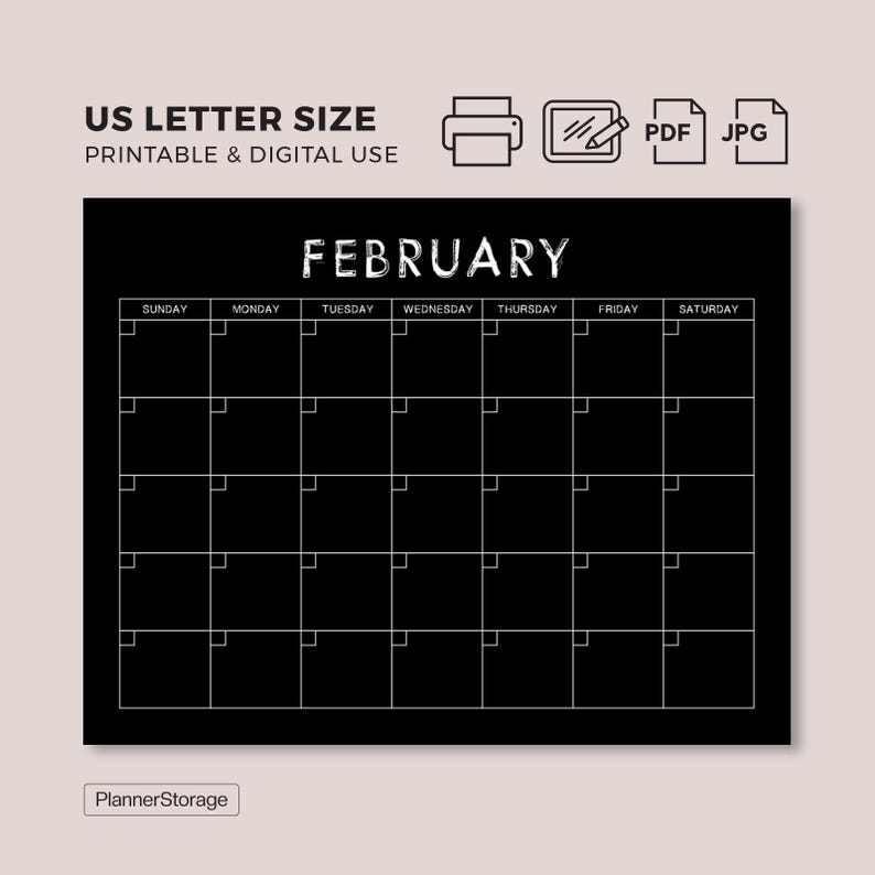 BLANK Chic Black Minimalist Cute Kawaii Sketch Font Monthly Printable ...