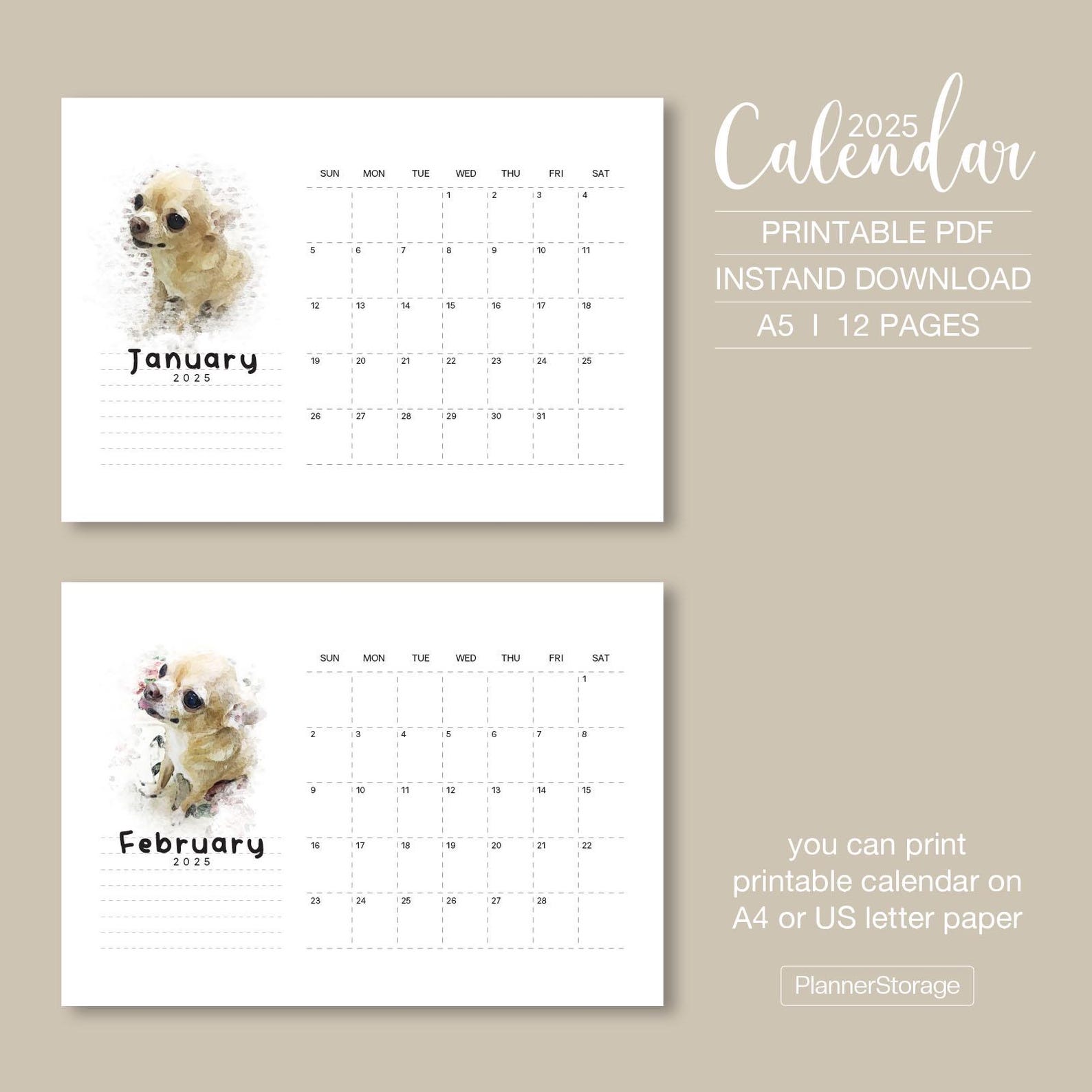 Printable Monthly Calendar 2025 With Cute Dog Pet Animal Lover in ...