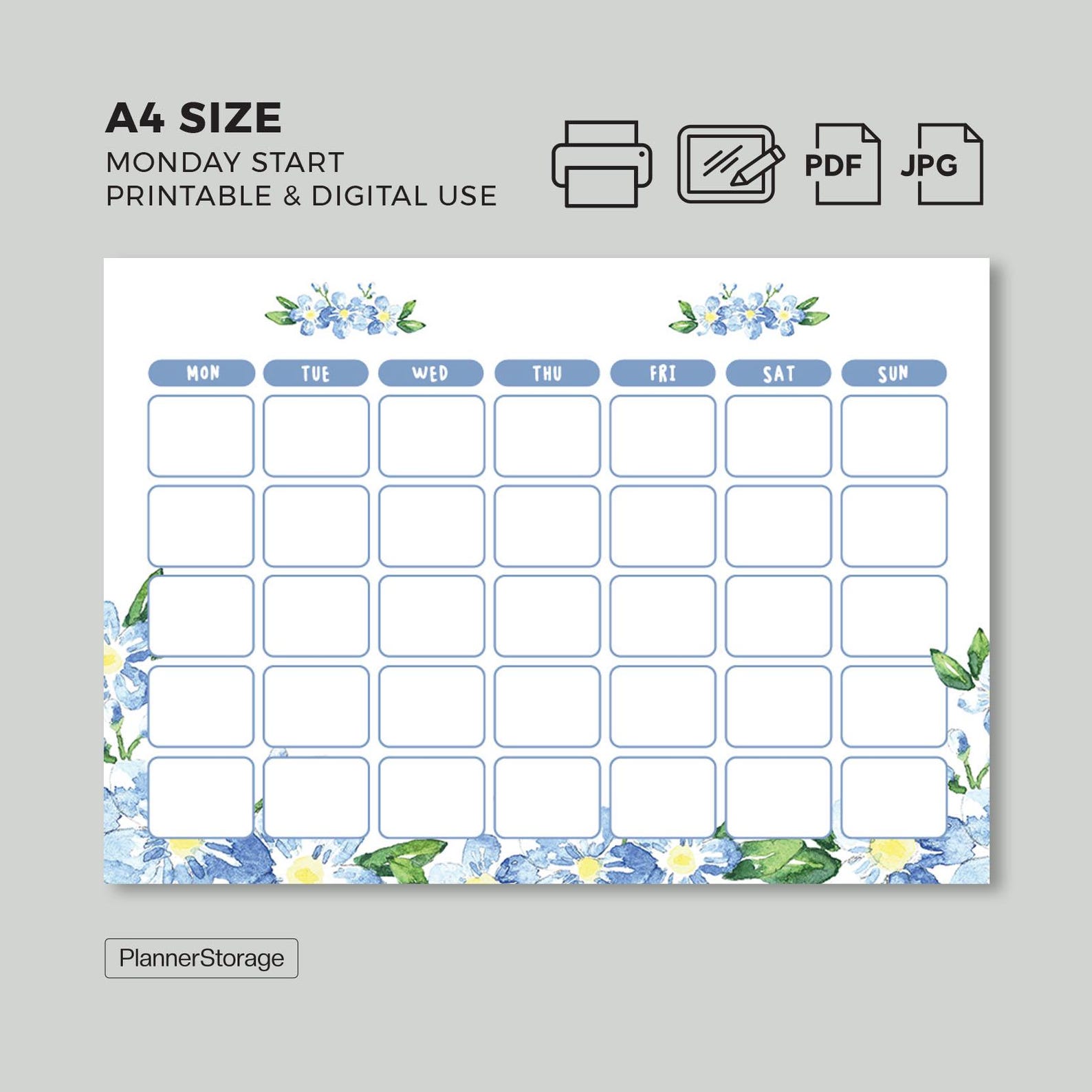 Blank Watercolor Forget Me Not Flower Botanical Monthly Printable ...