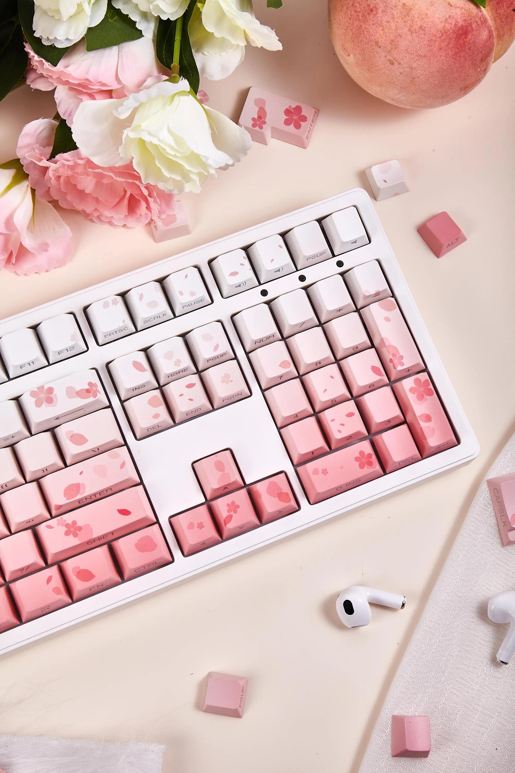 Pink Gradient Cherry Blossom Keycap Set for Mechanical Keyboard, Cute ...