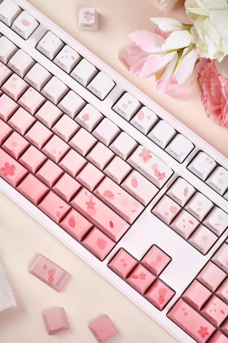 Pink Gradient Cherry Blossom Keycap Set for Mechanical Keyboard, Cute ...