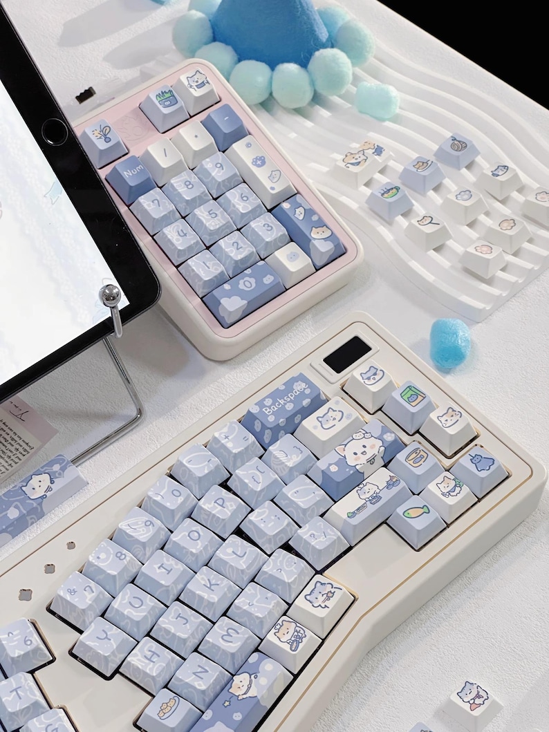 Cute Kitty's Life Theme Blue Cat Keycaps Set for Mechanical Keyboard ...