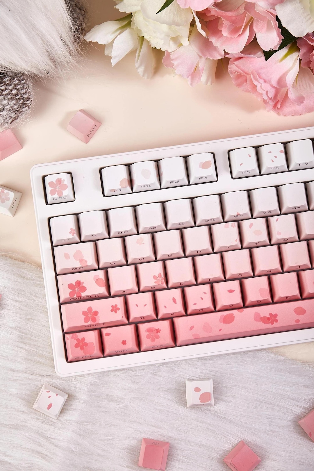 Pink Gradient Cherry Blossom Keycap Set for Mechanical Keyboard, Cute ...