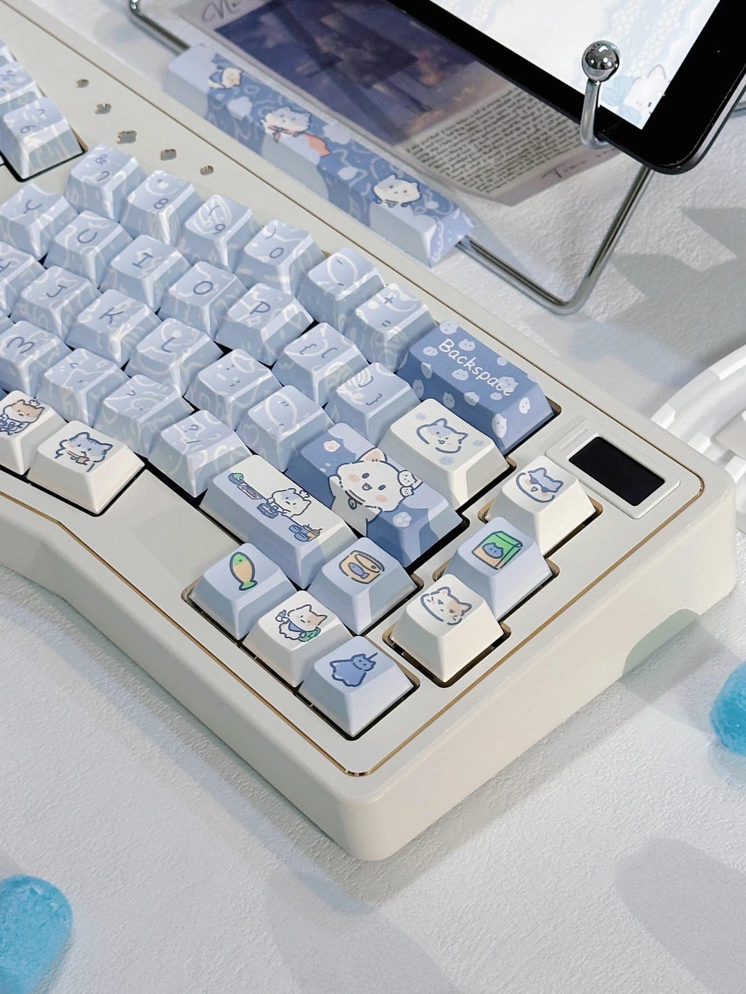 Cute Kitty's Life Theme Blue Cat Keycaps Set for Mechanical Keyboard ...