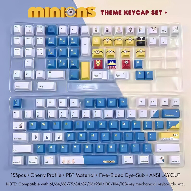 Cute Blue Minions Cartoon Keycap Set for Mechanical Keyboard, Kawaii ...