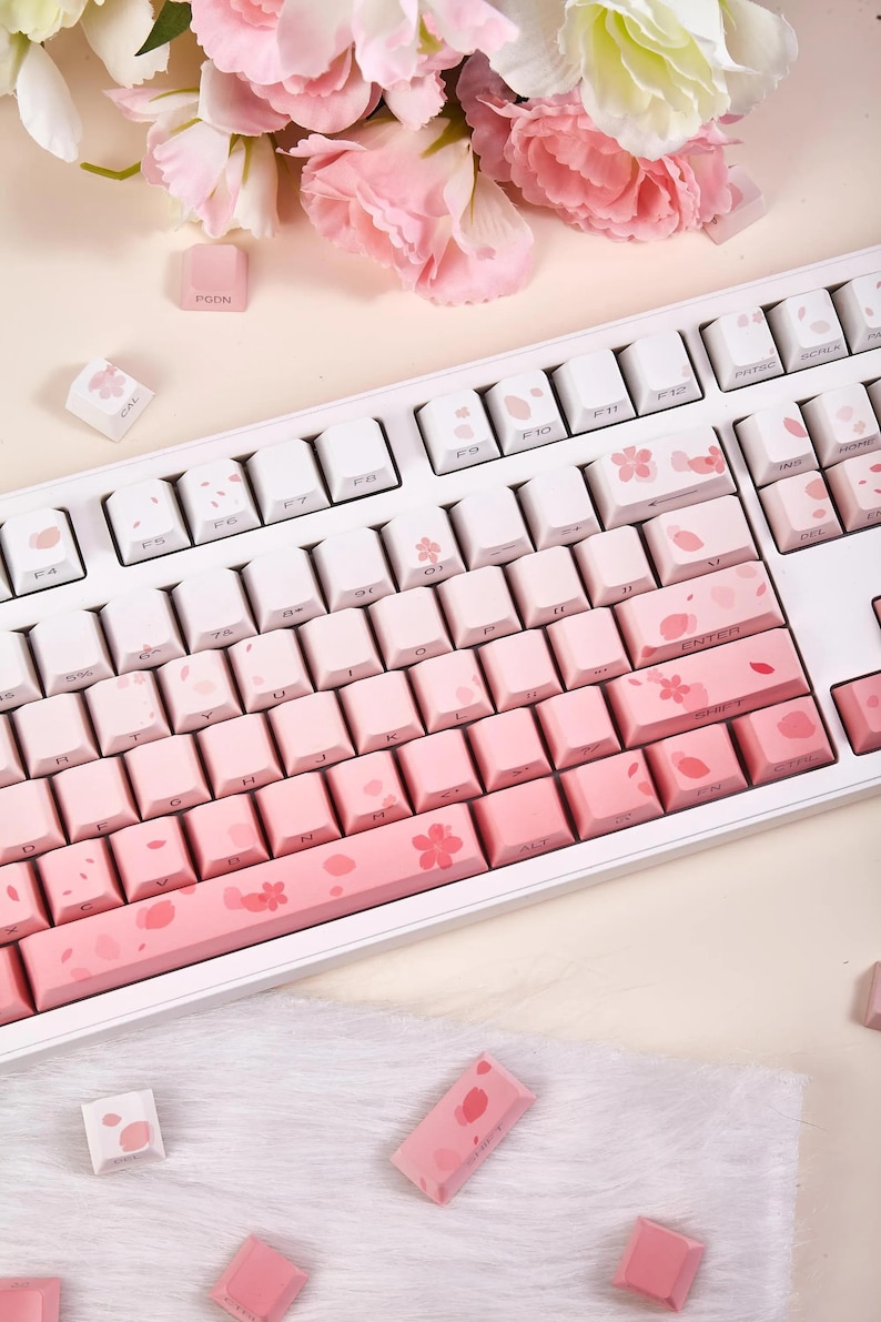 Pink Gradient Cherry Blossom Keycap Set for Mechanical Keyboard, Cute ...