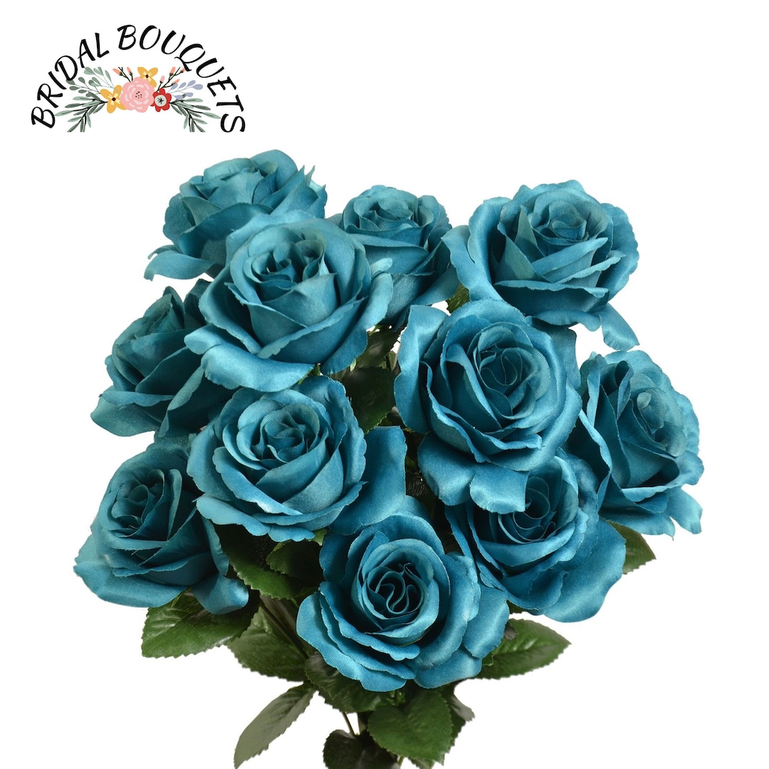 Teal Roses, Artificial Teal Roses, Teal Roses Bunch, 12 Open Teal Roses ...