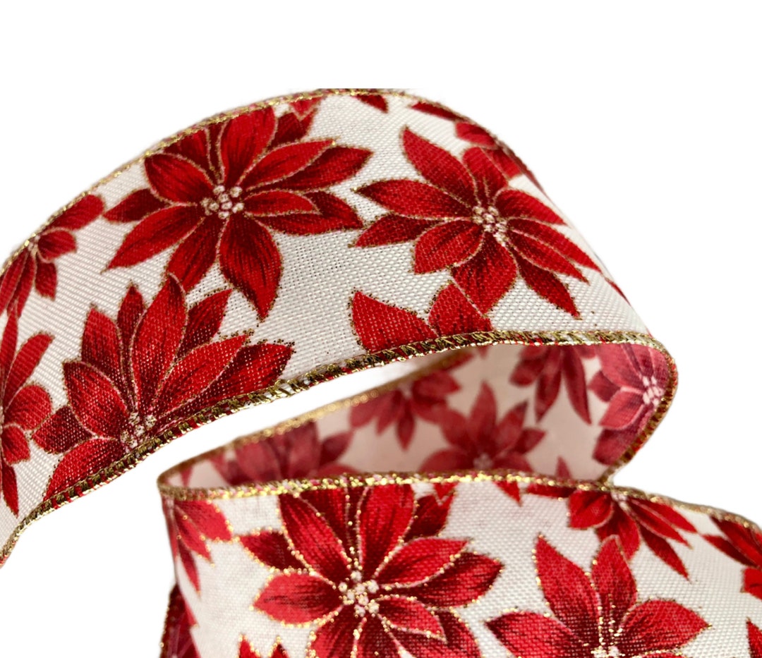 Christmas Ribbon Red Poinsettia Wired Holiday Ribbon 5 Yards Ribbon 2.5 ...