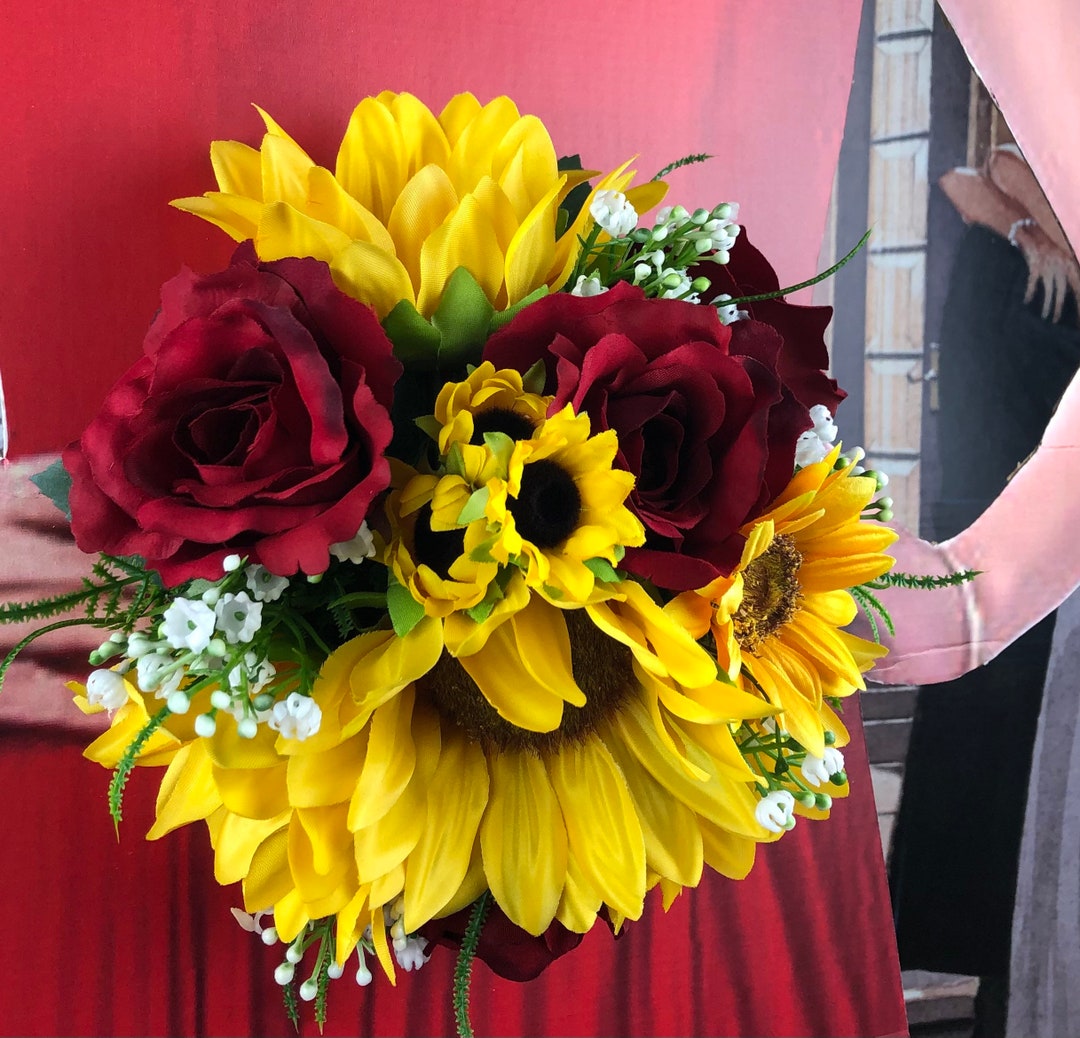 Artificial Sunflower and Red Roses Wedding Bouquet Set, Custom Red Rose ...